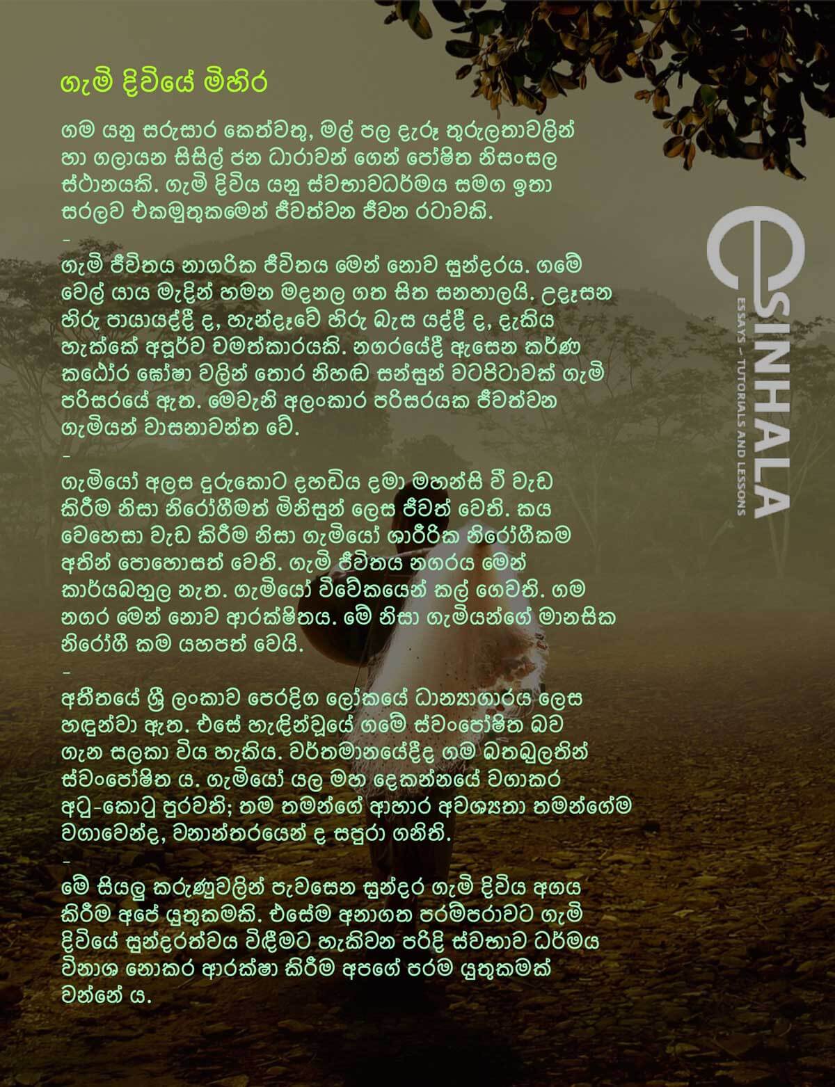 The Beauty Of Rural Life Grade 7 Sinhala Essay