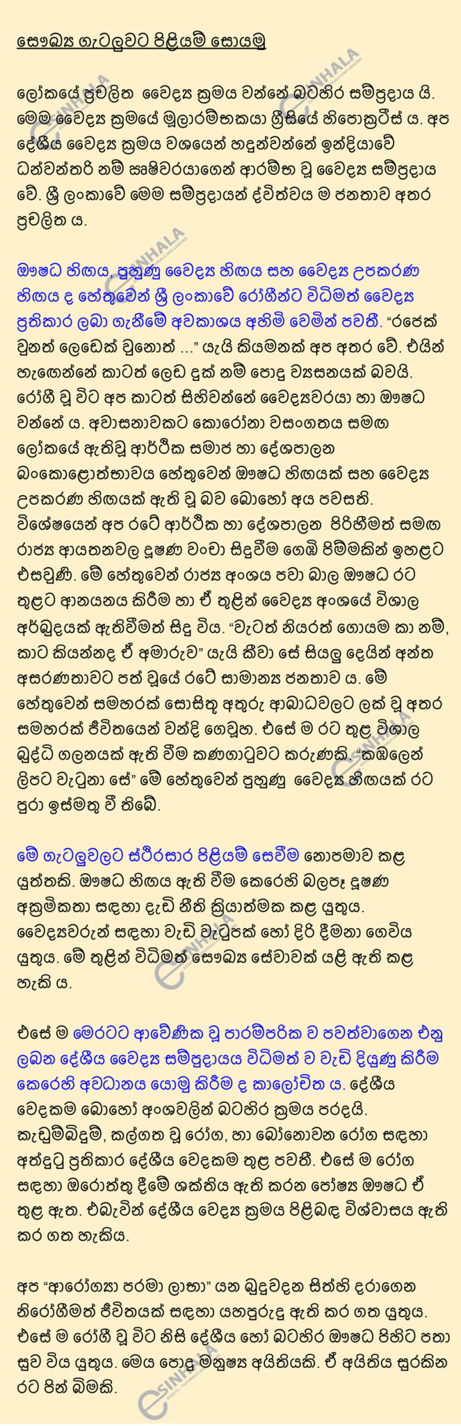 Sinhala Essay: Let's find a solution to the health problem - Sinhala Essays