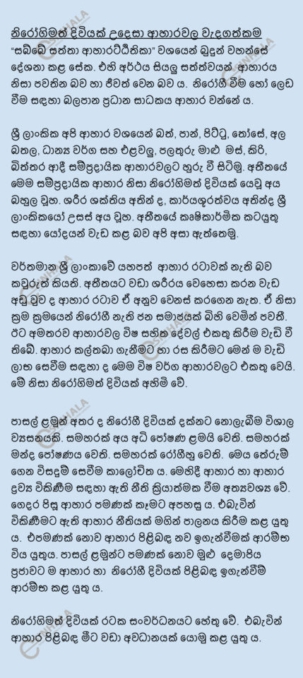 Importance of food for a healthy life - Sinhala Essays - Grade 8 Sinhala Rachana Free